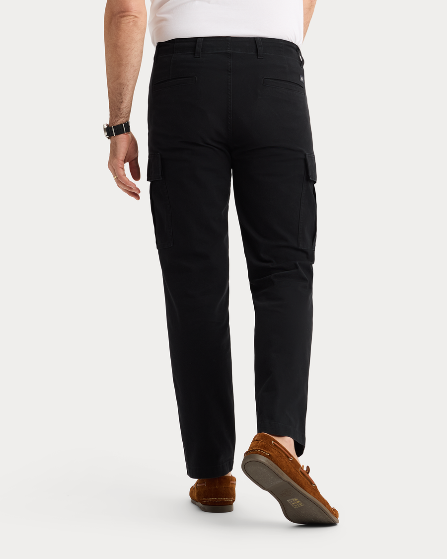 View of model wearing Beautiful Black Utility Cargo Pant, Straight Fit.