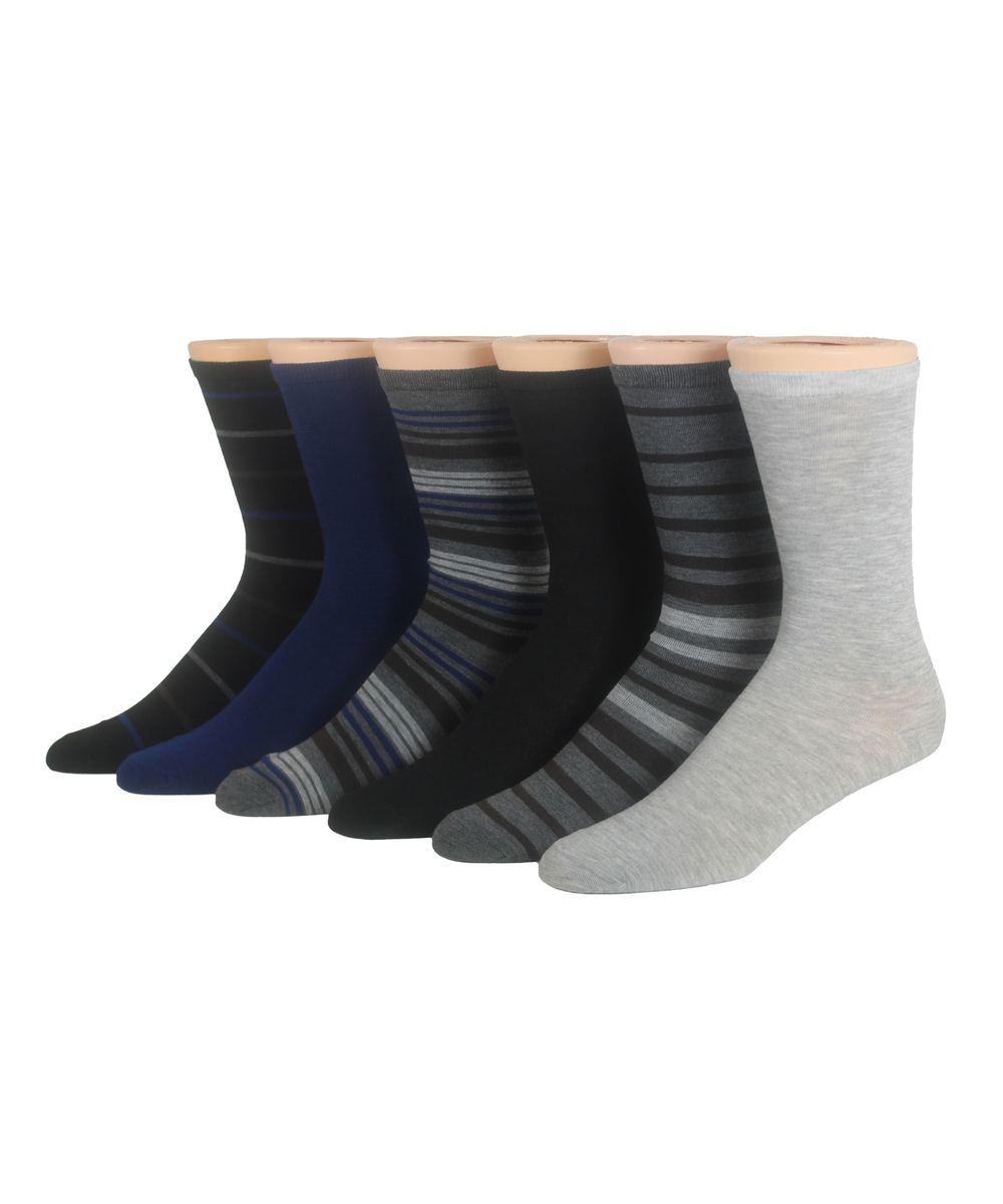 Flat Knit Crew Socks with Embroidery, 6 Pack