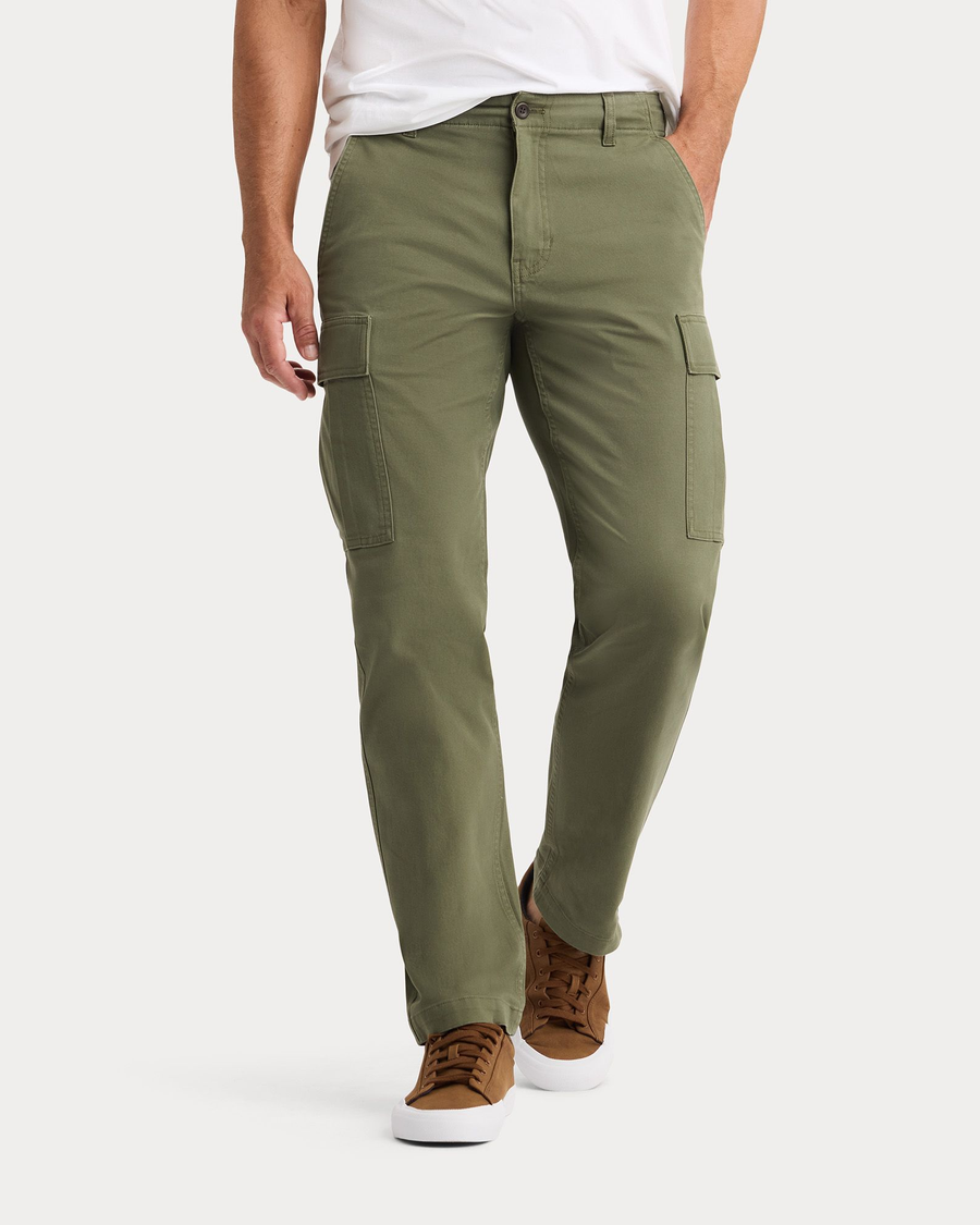 Front view of model wearing Camo Utility Cargo Pant, Straight Fit.