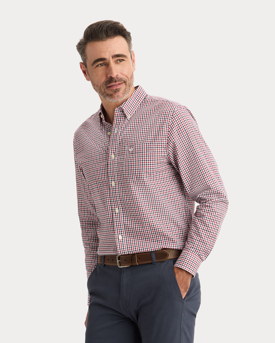 View of model wearing Rio Red Signature Stain Defender Shirt, Classic Fit.